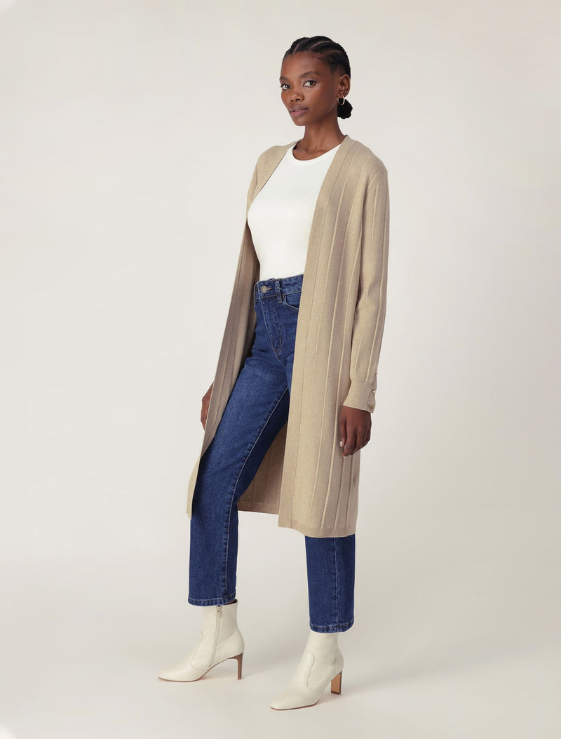 Daphne Long Line Ribbed Cardigan Fawn | Forever New