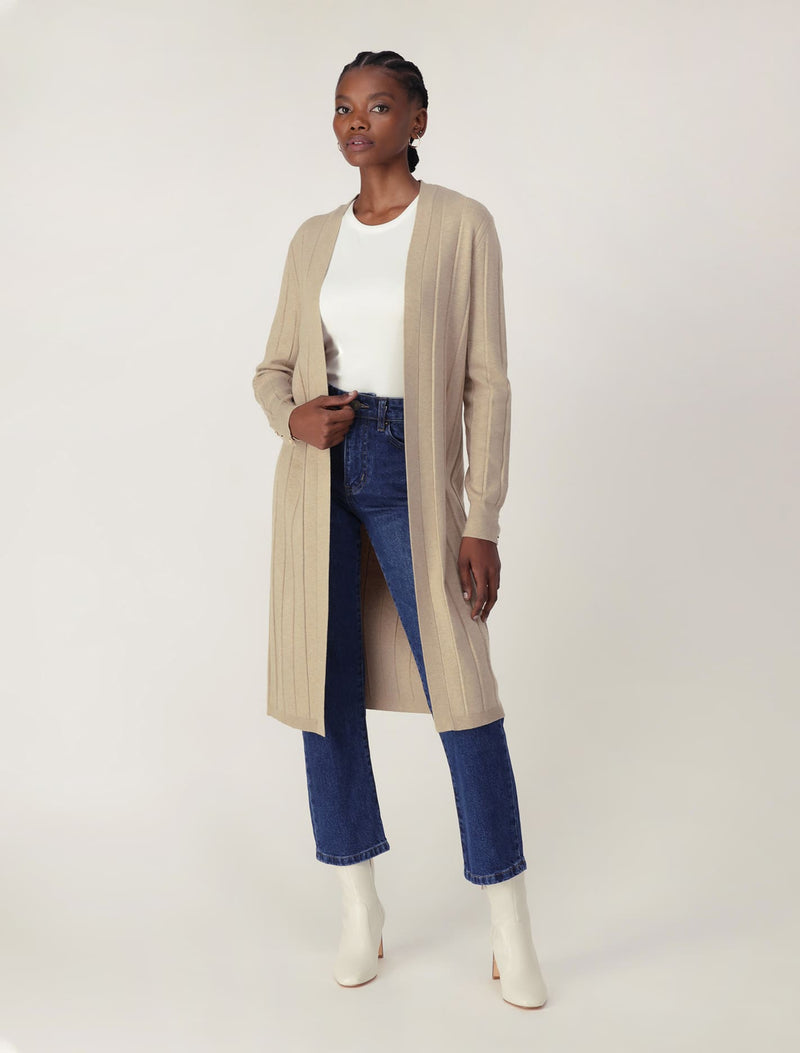 Daphne Long Line Ribbed Cardigan Fawn | Forever New