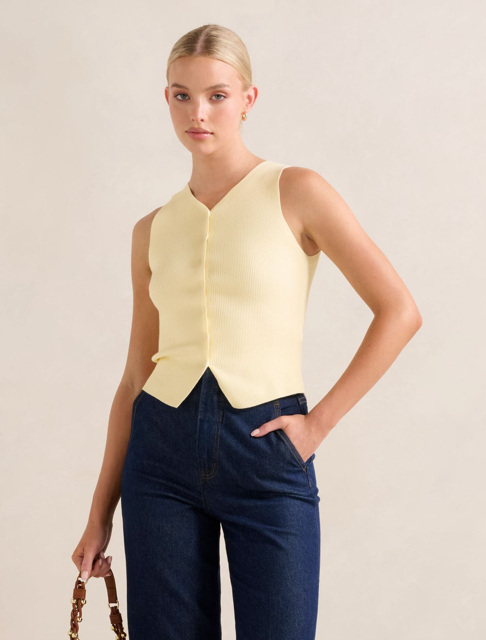 Raya Ribbed Knitted Tank Top Lemon | Forever New