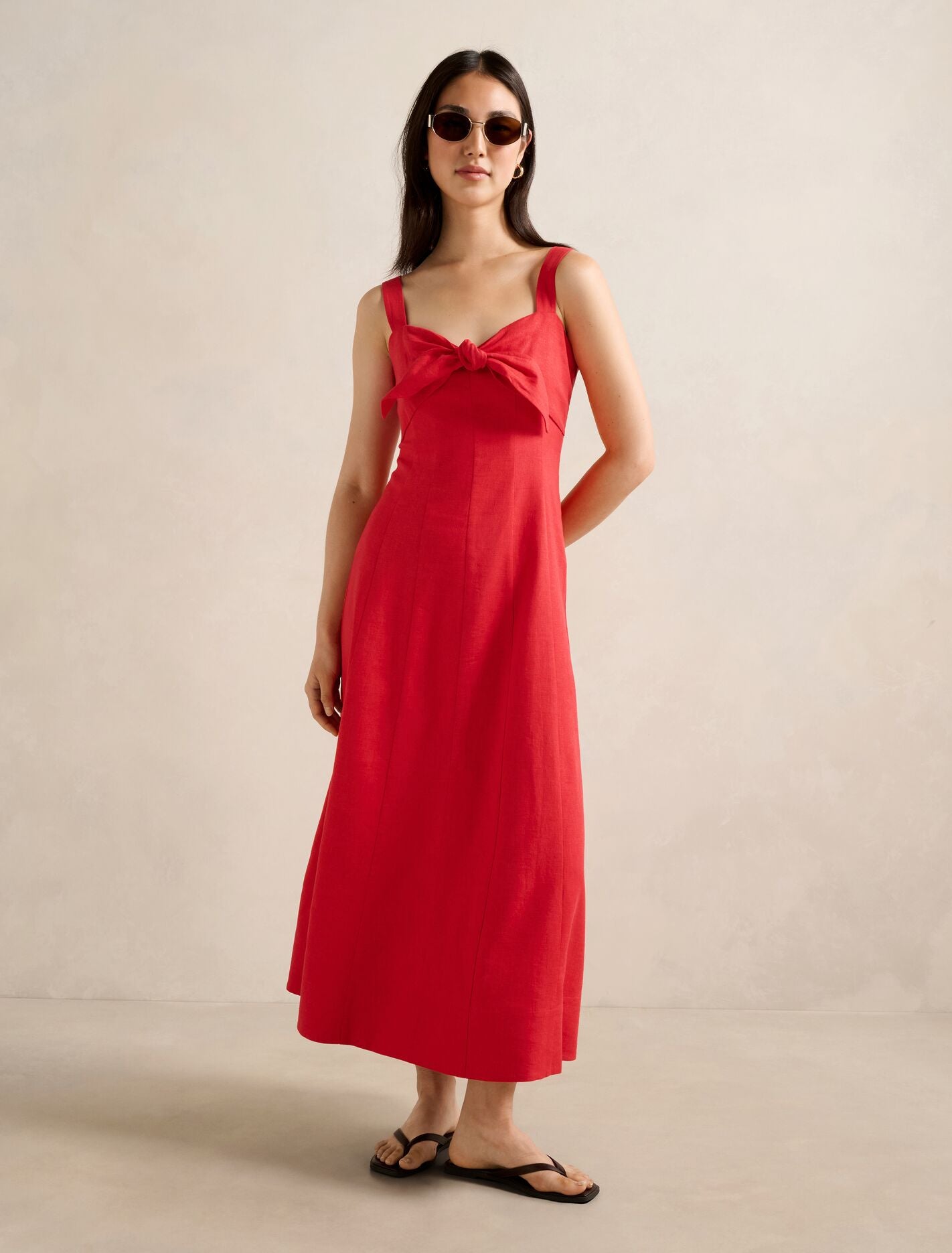 Kara Tie Front Linen Midi Dress Bright Red | Forever New