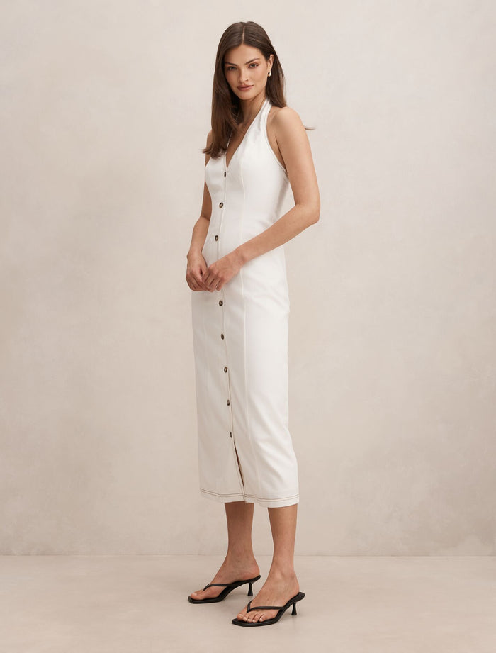 Amy Halter Denim Maxi Dress Porcelain | Forever New