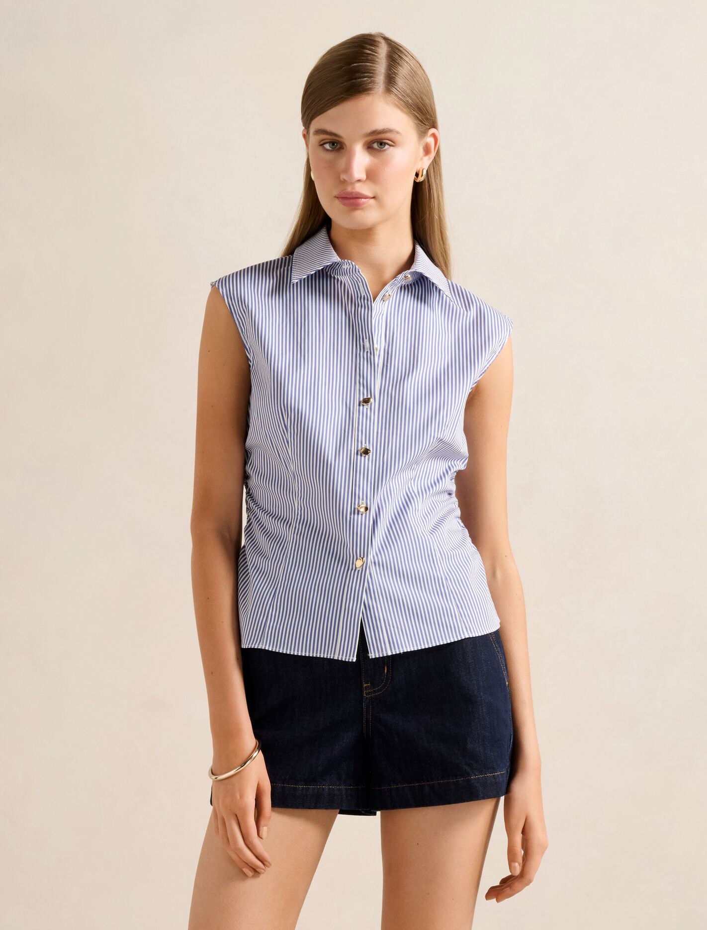 Nova Ruched Stripe Collared Top Blue Stripe | Forever New