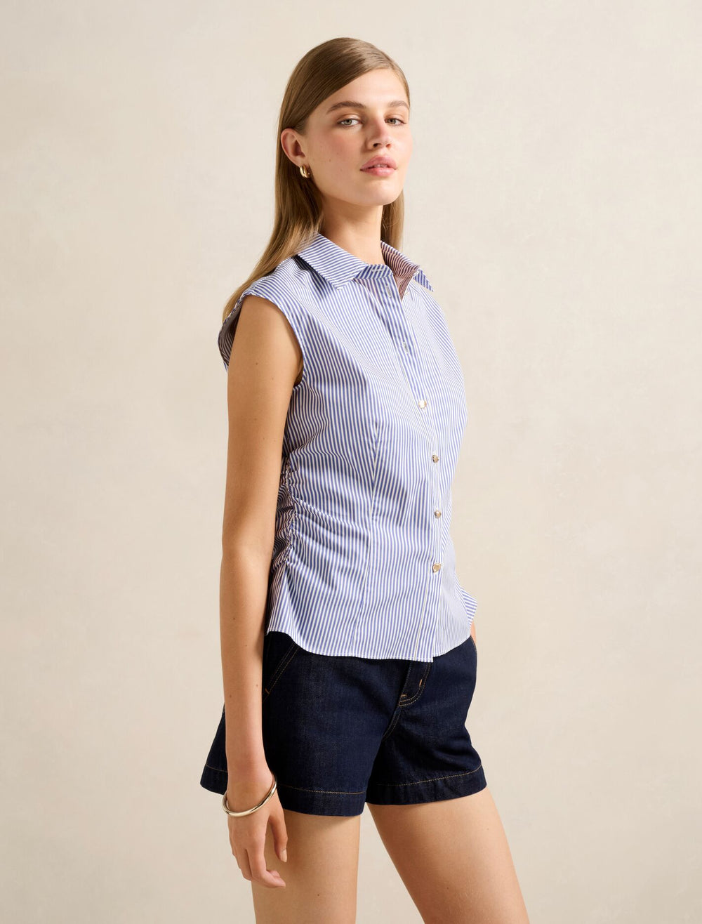 Nova Ruched Stripe Collared Top Blue Stripe | Forever New