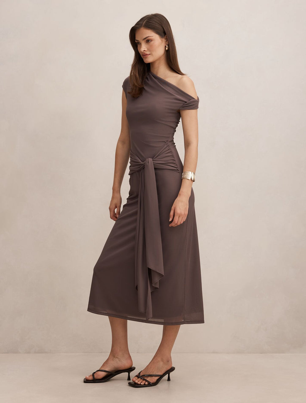 Piper Draped Tie Mesh Midi Dress Plum Truffle | Forever New