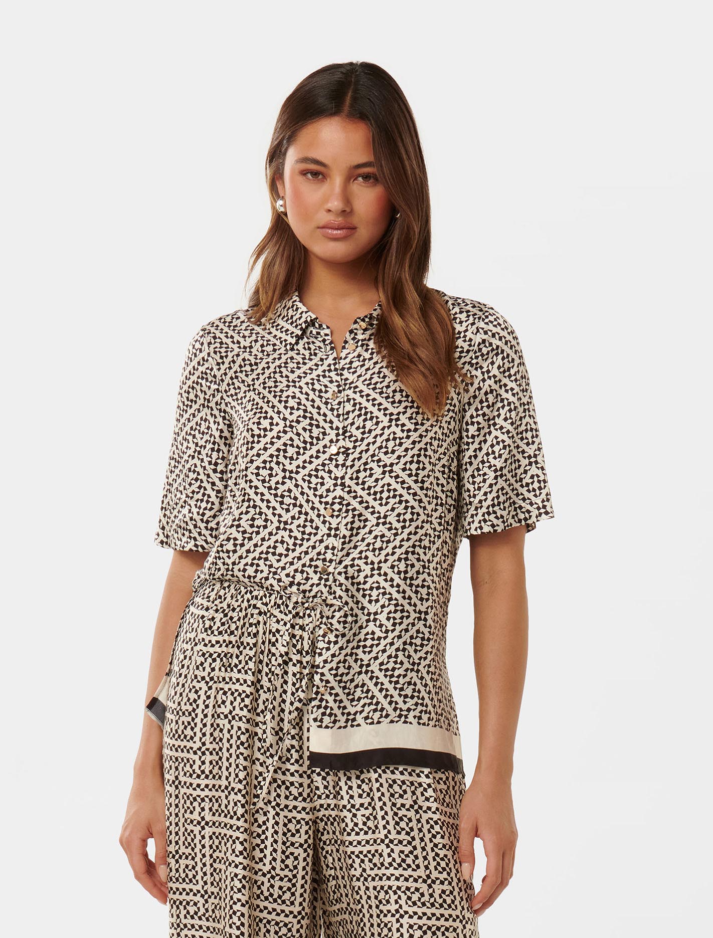 Becca Border Print Shirt Black Alder Co-Ord | Forever New