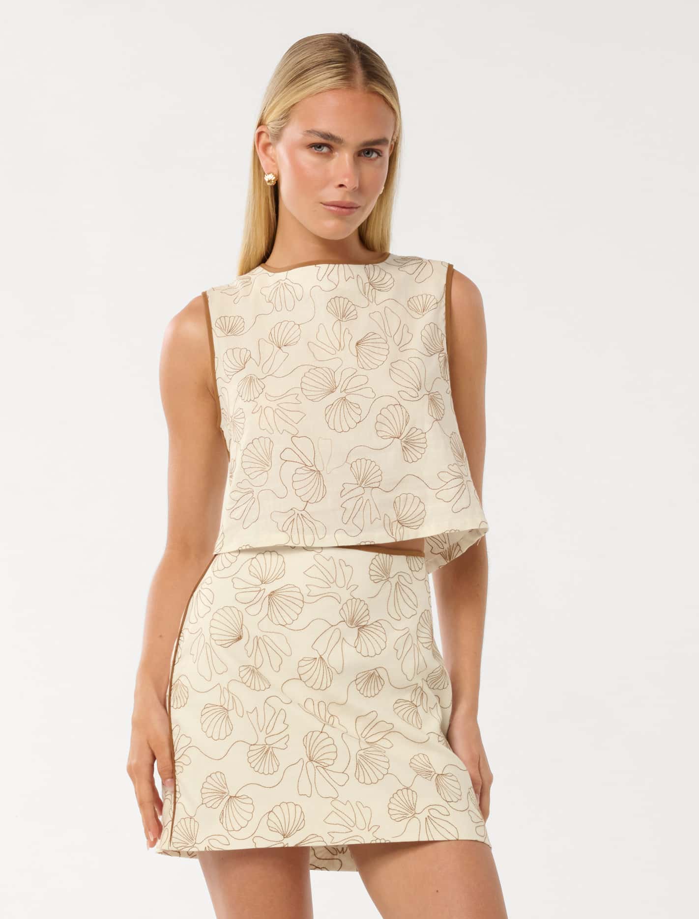 Elowen Embroidered Shell Top Tan Shell Co-Ord | Forever New