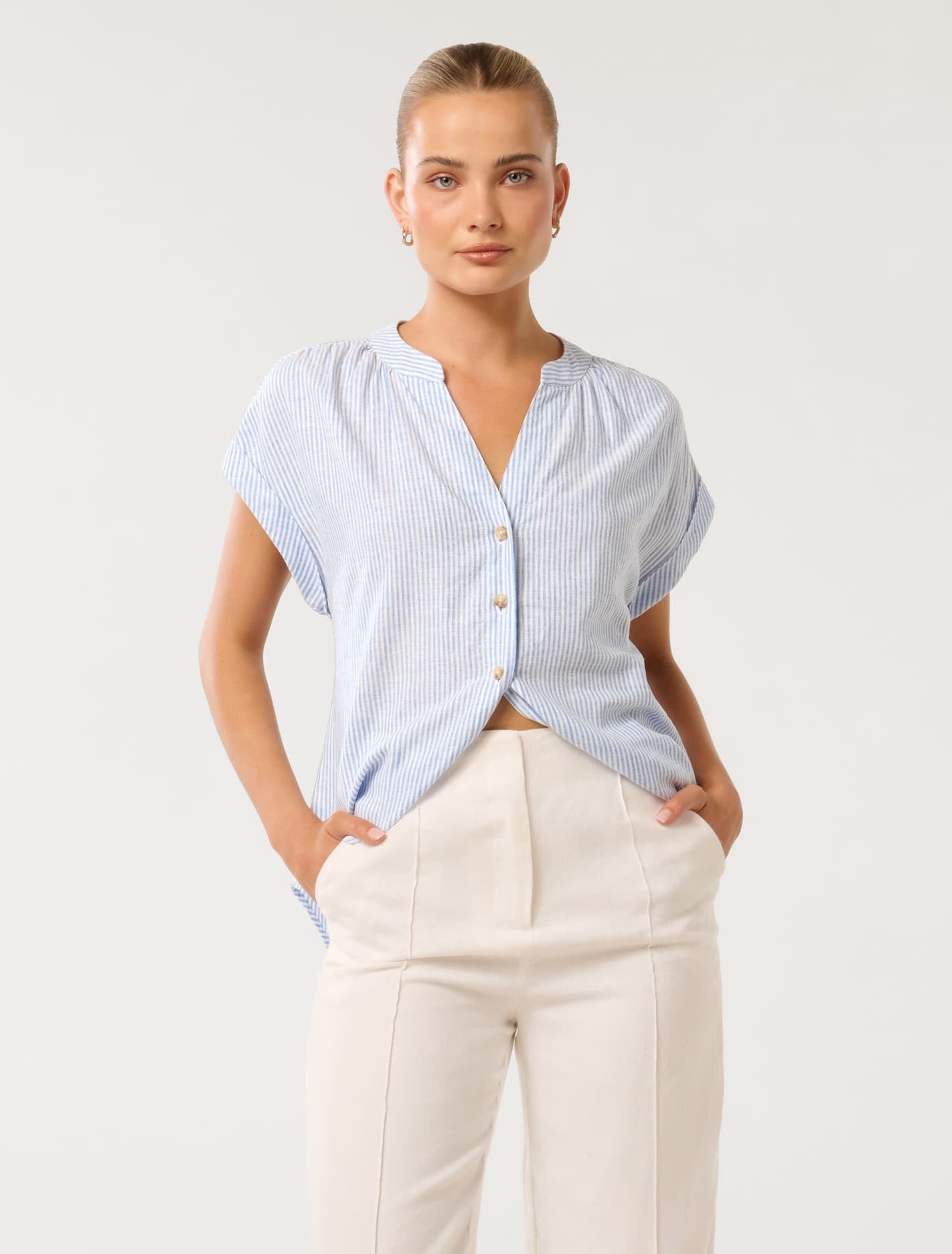 Leoni Button Through Blouse Fine Blue Stripe | Forever New