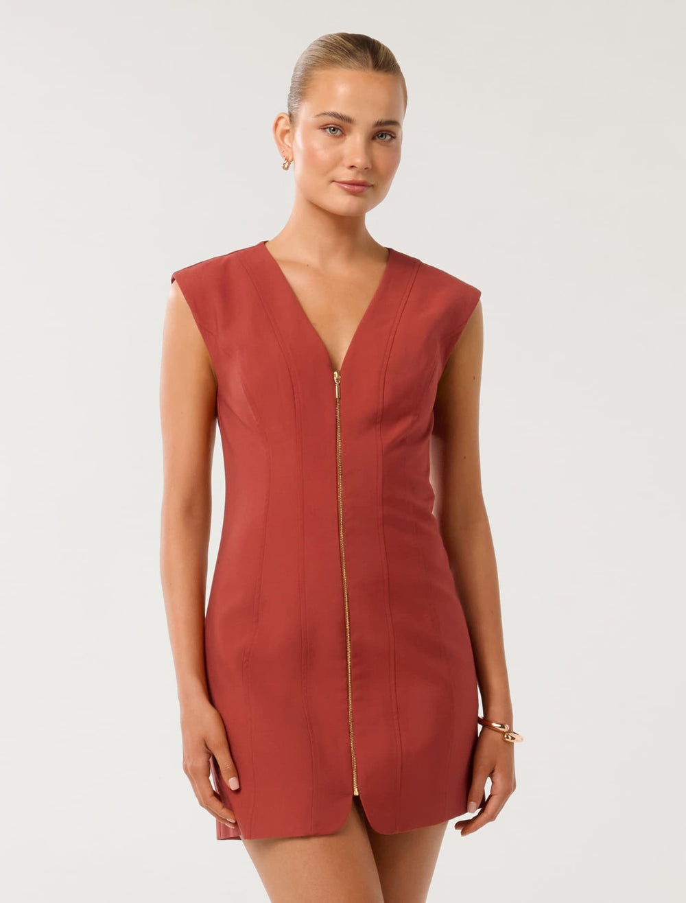 Hannah Zip Front Mini Dress Rusty Red | Forever New