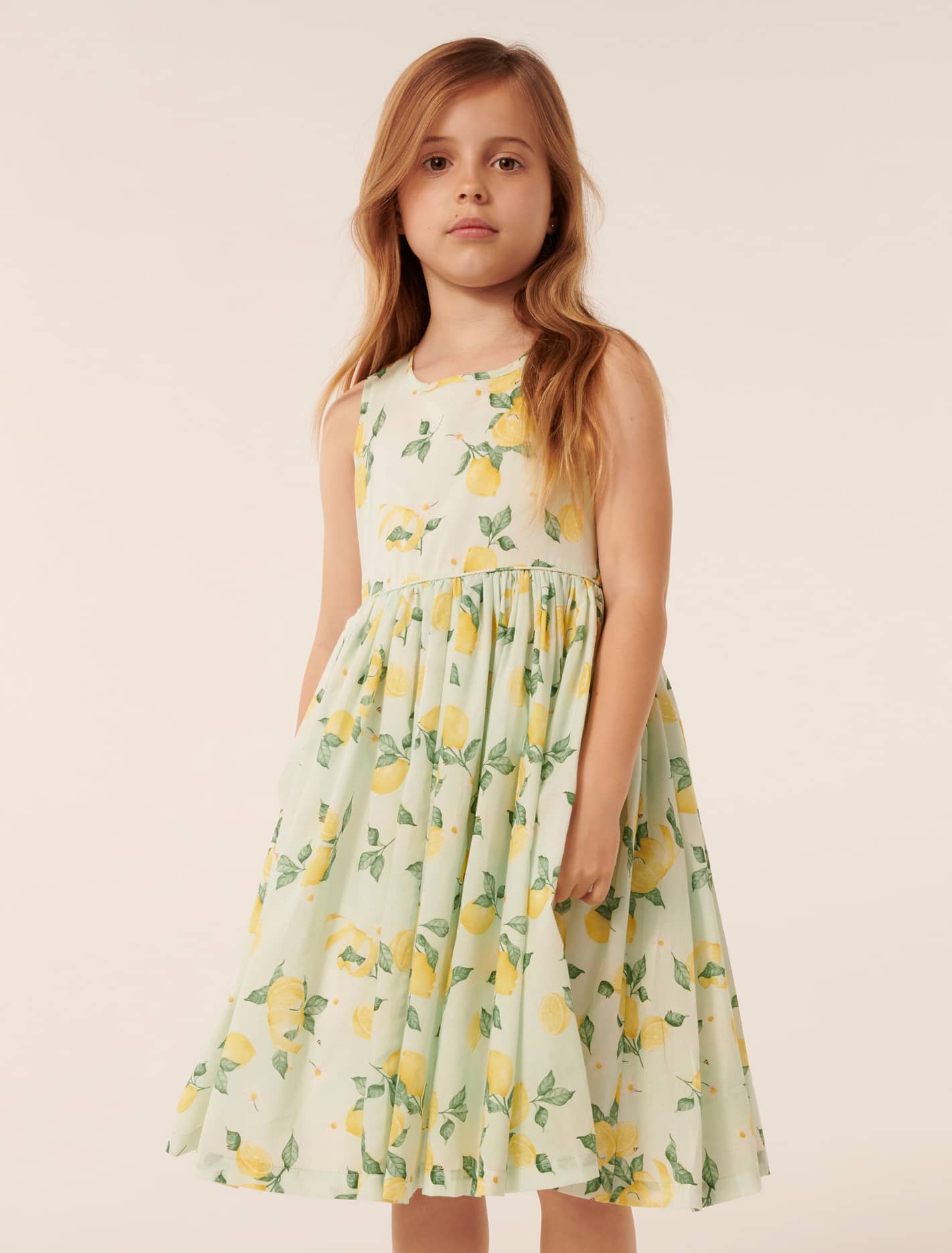 Rhea Gathered Girls Dress Sage Lemon Pop | Forever New