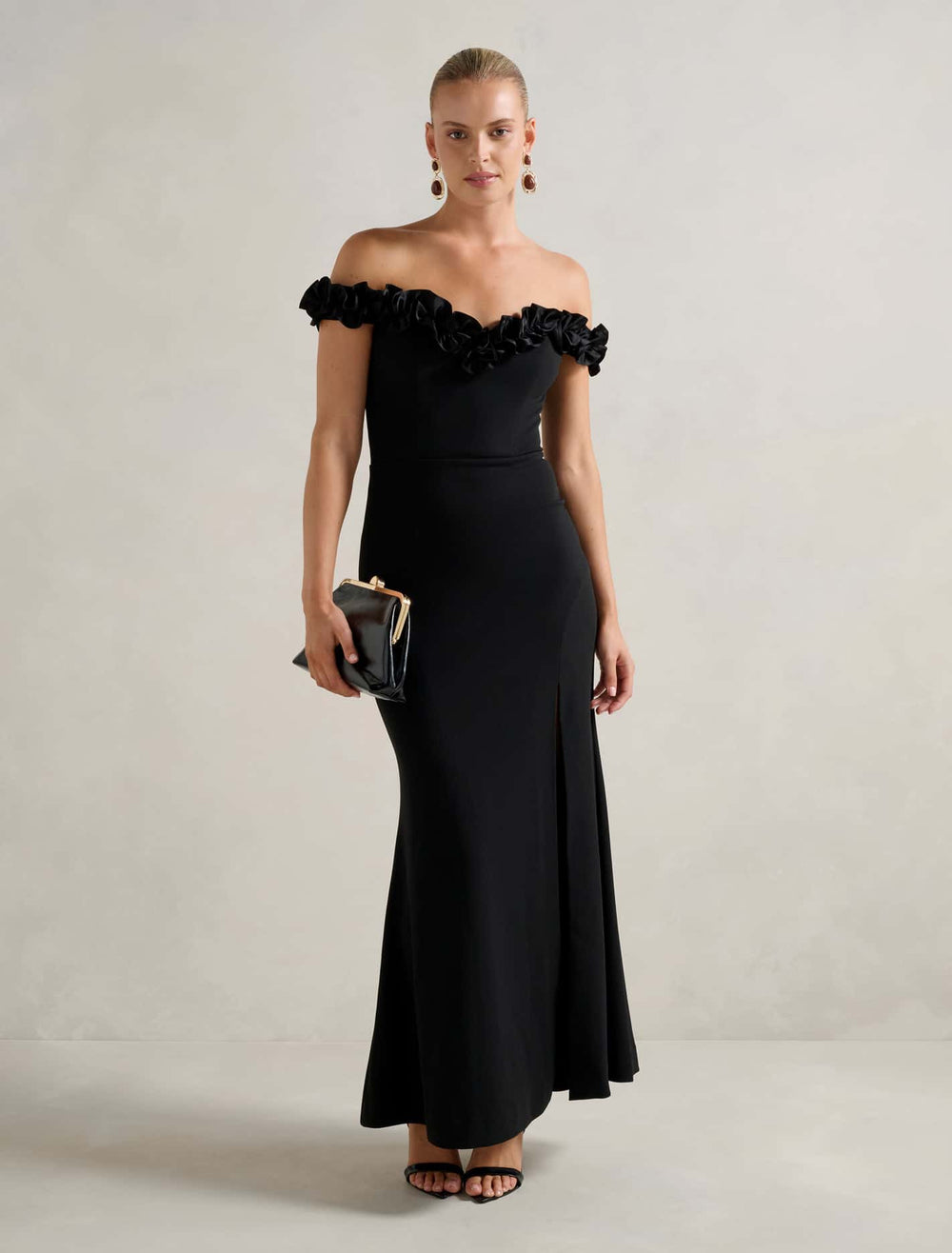 Connie Off Shoulder Ruffle Maxi Dress Black | Forever New