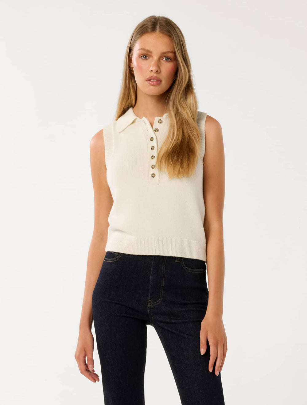 Ashlyn Button Collar Tabard Sweater Cream | Forever New