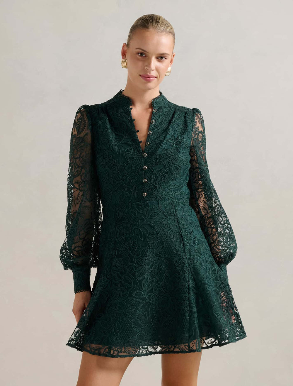 Portia Lace Skater Mini Dress Green | Forever New