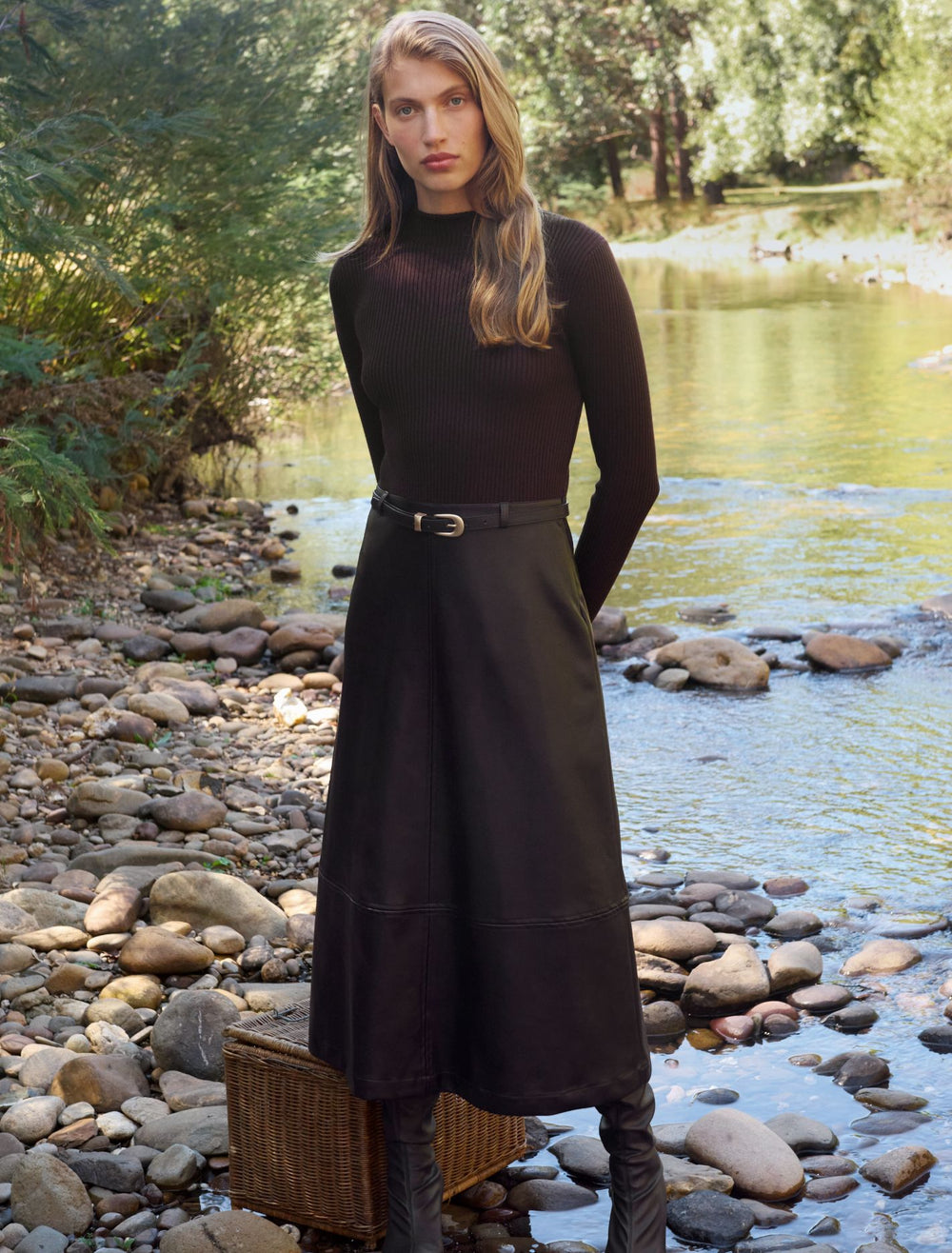 Brooklyn PU A Line Midi Dress Shadow Brown | Forever New