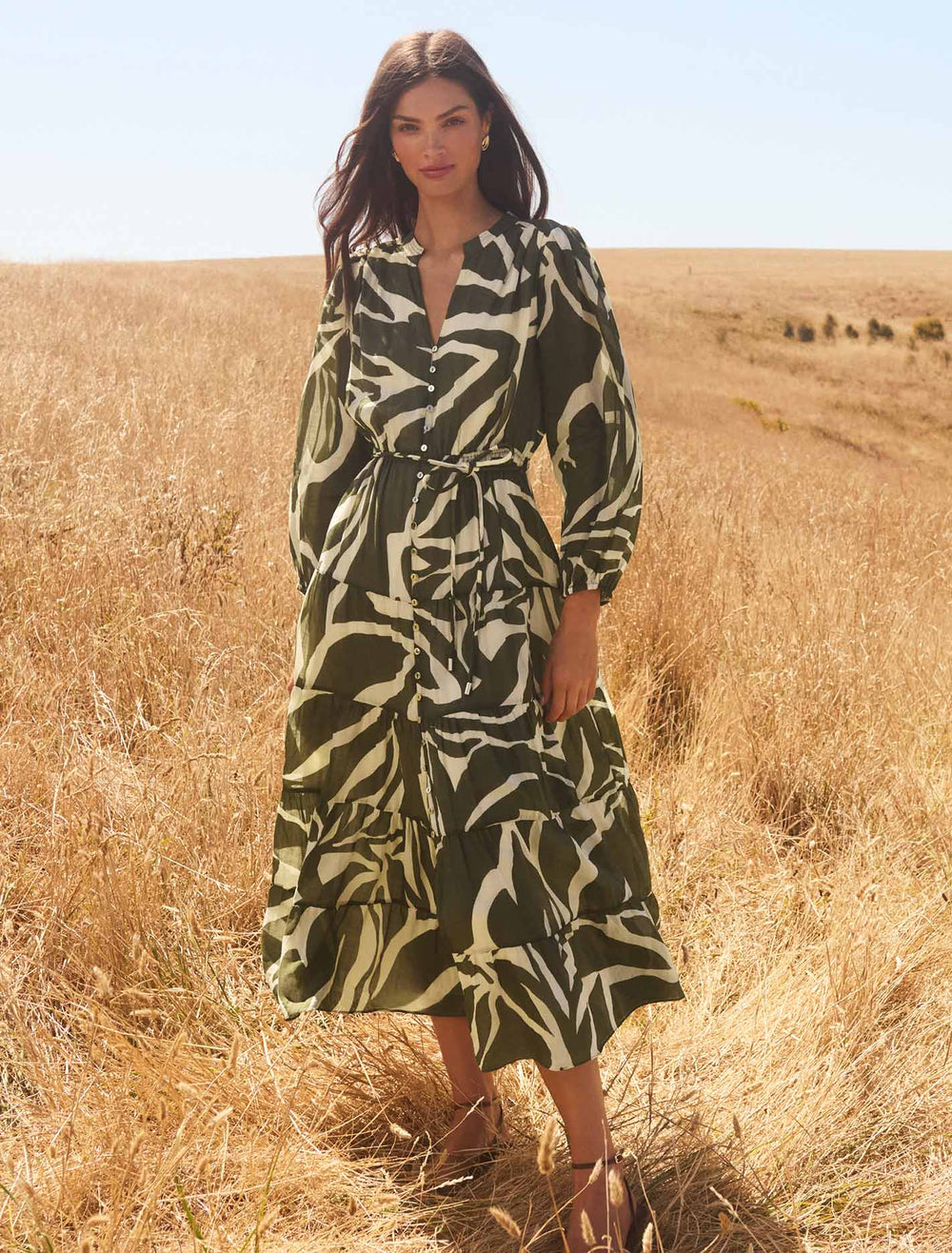 Adeline Tiered Midi Dress Olive Drew Abstract | Forever New