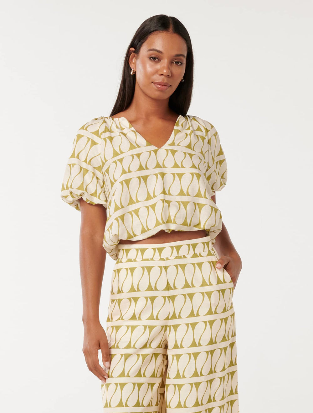 Aubree Linen Bubble Hem Top Remy Tile Co-ord | Forever New