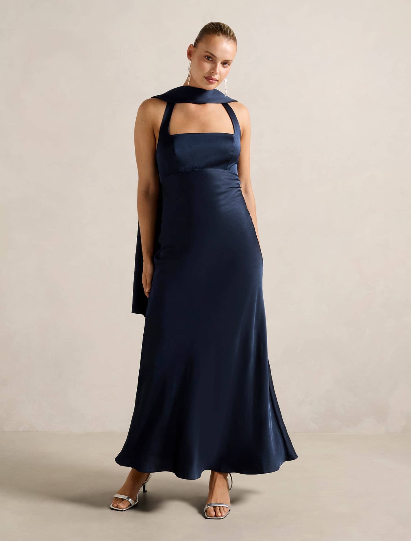 April Open Back Satin Maxi Dress Navy | Forever New