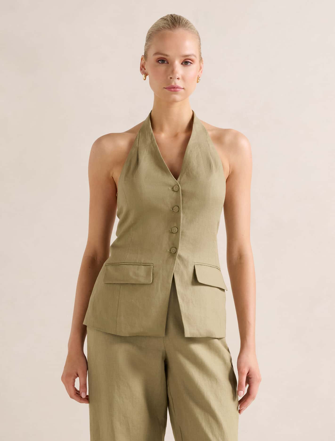 Saxon Halter Waistcoat Washed Khaki Set | Forever New