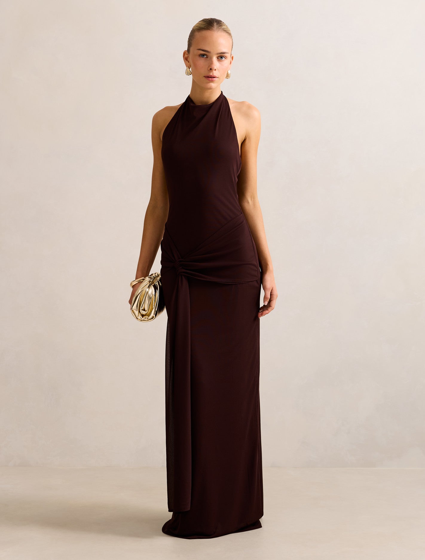 Abby Halter Mesh Maxi Dress Chocolate | Forever New